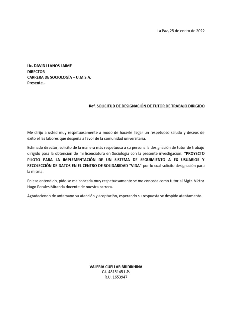 Carta Solicitud Tutor | PDF | Crecimiento personal y profesional