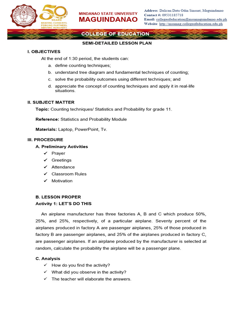 SEMI-DETAILED LESSON PLAN Week 1 | PDF | Probability | Permutation SEMI-DETAILED LESSON PLAN Week 1 | PDF | Probability | Permutation