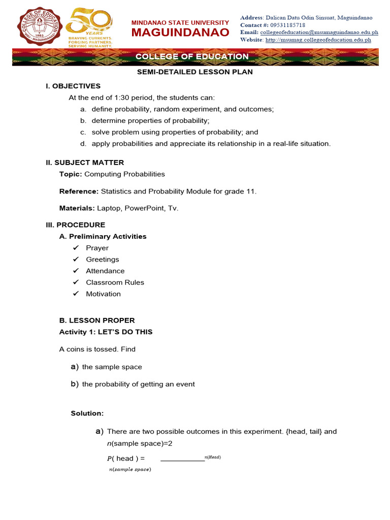 SEMI-DETAILED LESSON PLAN Week 2 | PDF | Probability | Probability Theory