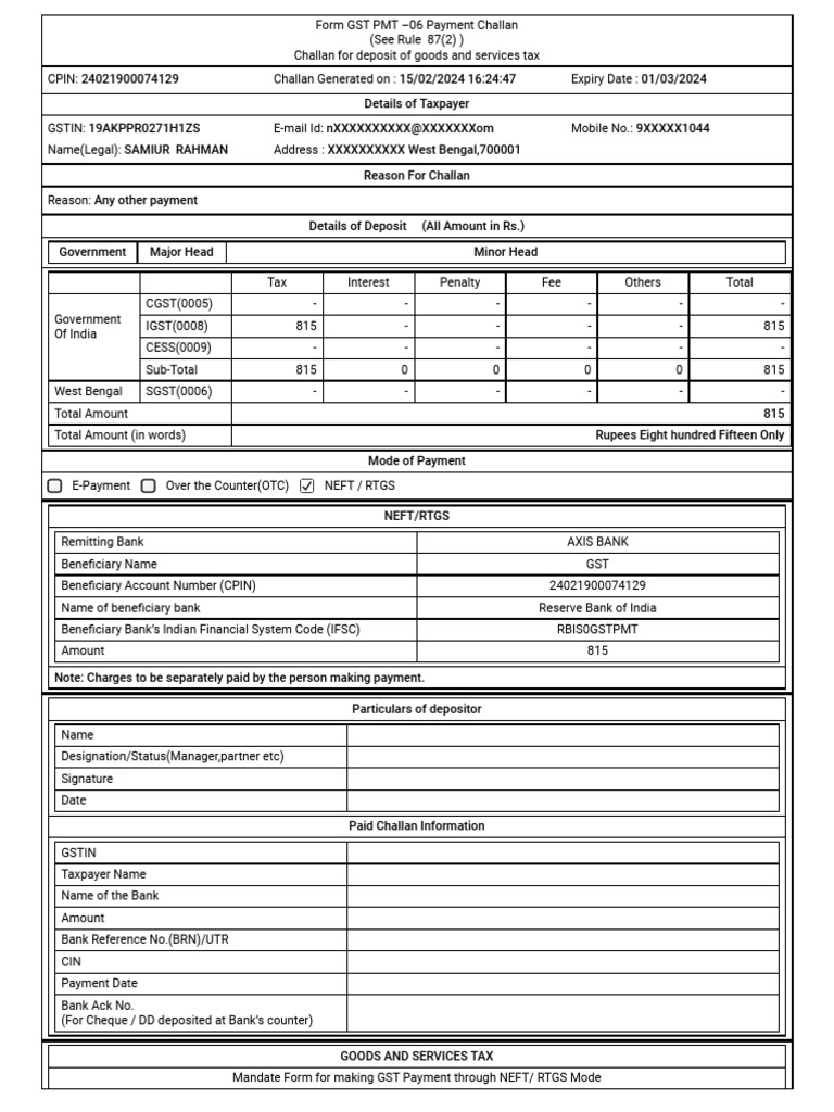 GST Challan | PDF | Financial Services | Taxes