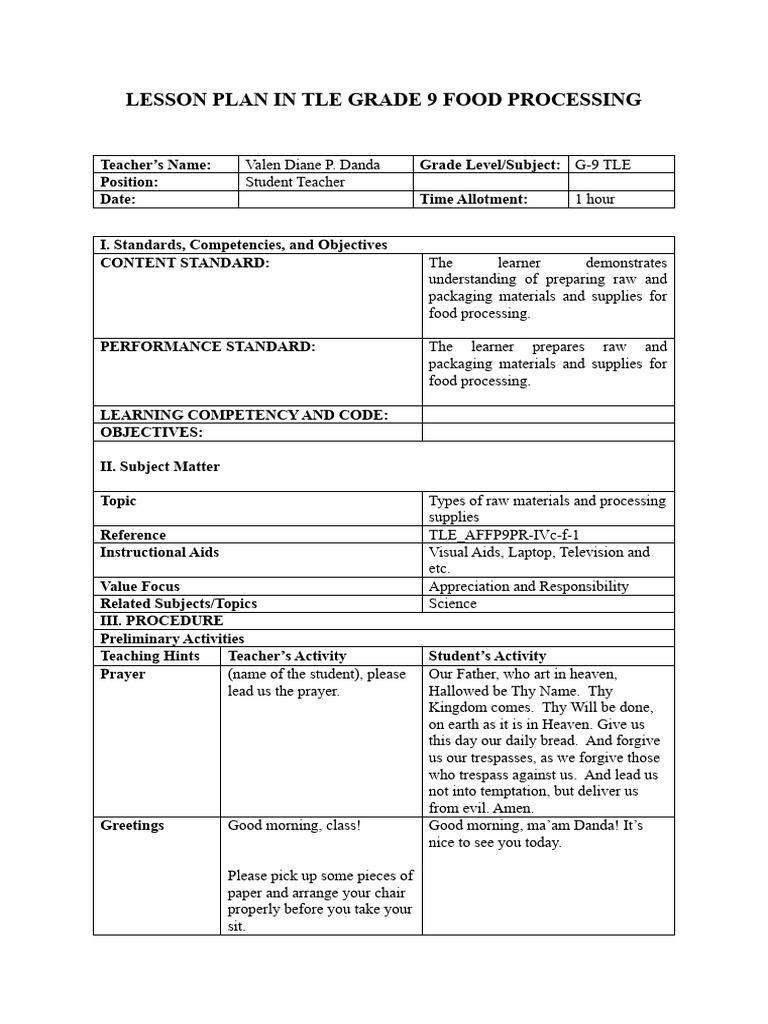 Lesson Plan in Tle Grade 9 Food Processing | PDF