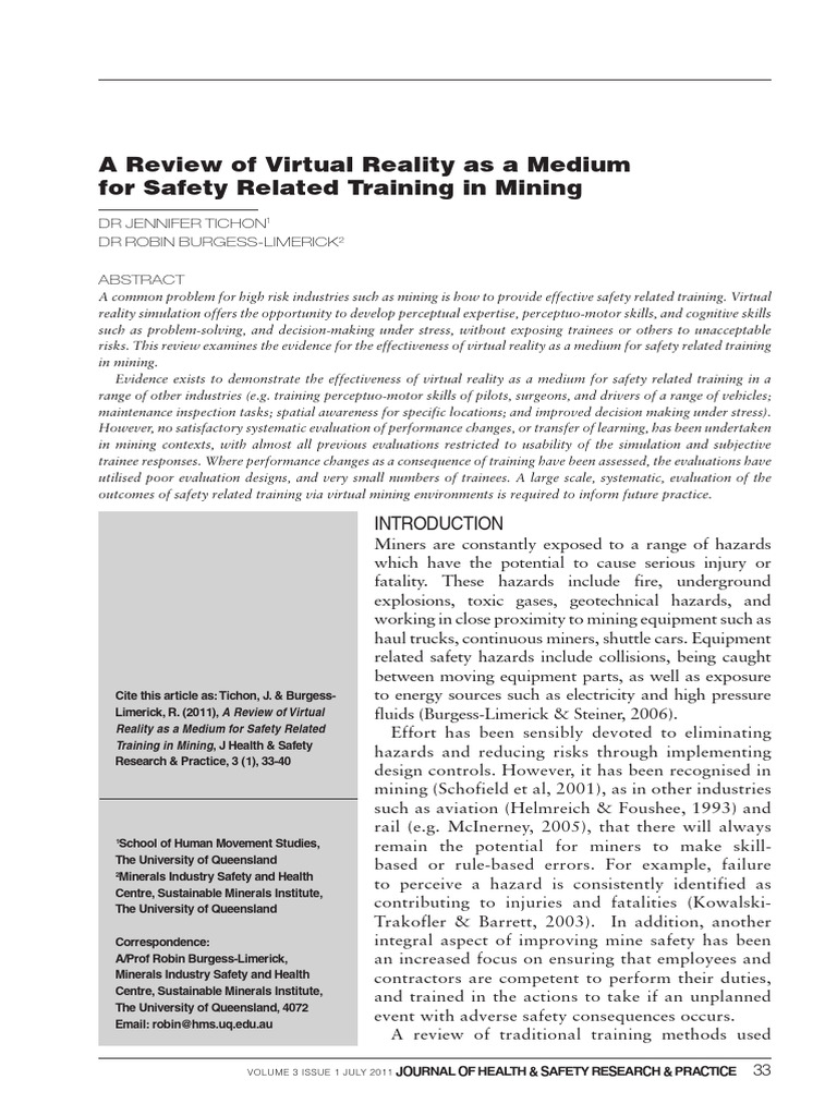 A Review of Virtual Reality As A Medium For Safety Related Training in ...