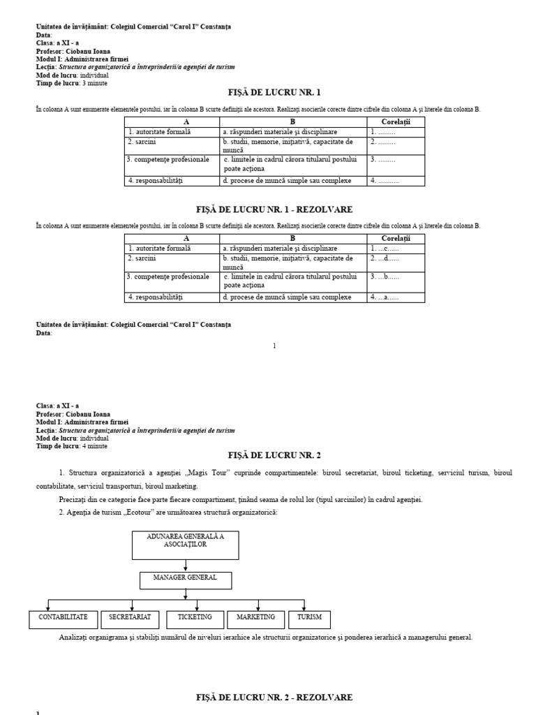 Fise de Lucru 123 Structura Organizatorica A Intreprinderiia Agentiei de Turism Modul I ...