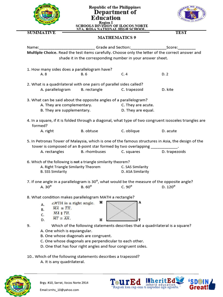 Summative Test in Math 9 | PDF | Rectangle | Triangle
