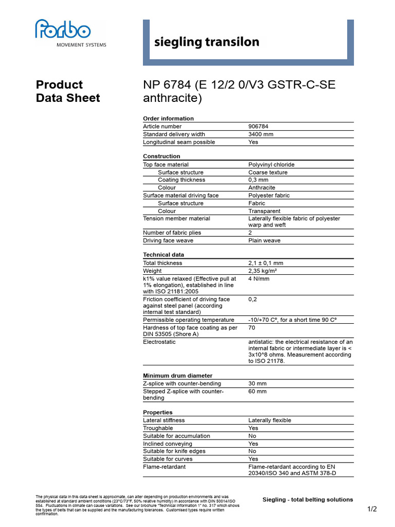 FORBO Product Data Sheet (KT96CN Siegling) | PDF | Textiles | Materials ...