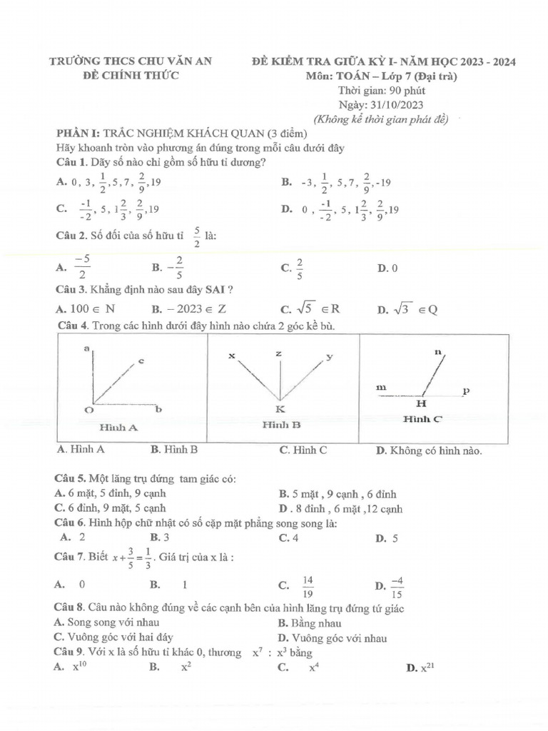 De Giua Hoc Ky 1 Toan 7 Nam 2023 2024 Truong Thcs Chu Van An Binh Duong | PDF