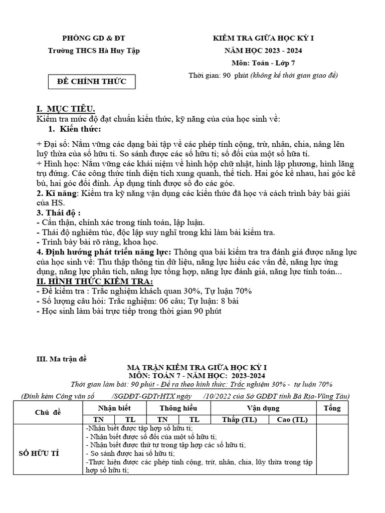 De Giua Hoc Ky 1 Toan 7 Nam 2023 2024 Truong Thcs Ha Huy Tap BR VT | PDF