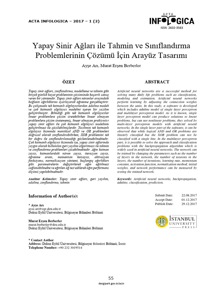 Yapay Sinir A Lar Ile Tahmin Ve S N Fland Rma Problemlerinin Z M in Aray Z Tasar M (#335553 ...