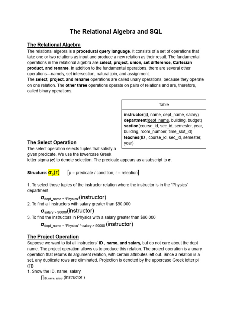 Relational Algebra and SQL-1 | PDF | Relational Model | Data Model