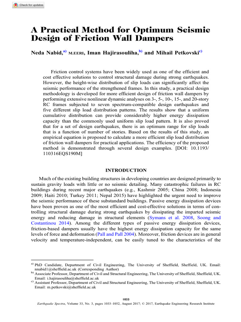 Nabid Et Al 2017 A Practical Method For Optimum Seismic Design Of Friction Wall Dampers Pdf