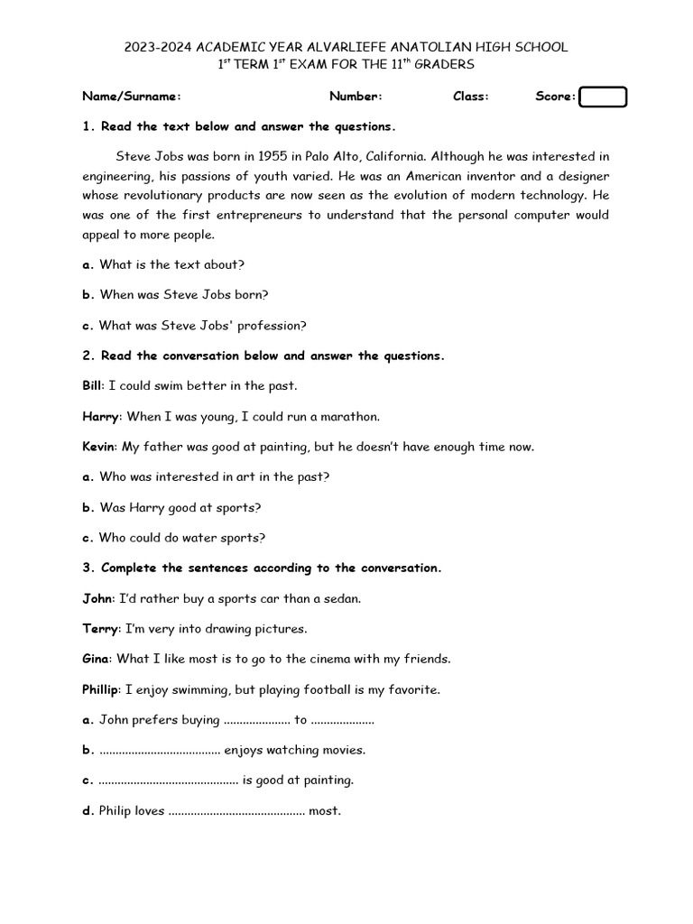 11th Grade English 1st Term Exam | PDF