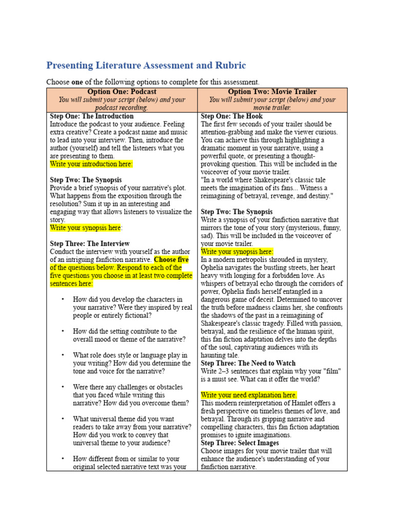 Presenting Literature Assessment Rubric | PDF | Narrative | Podcast