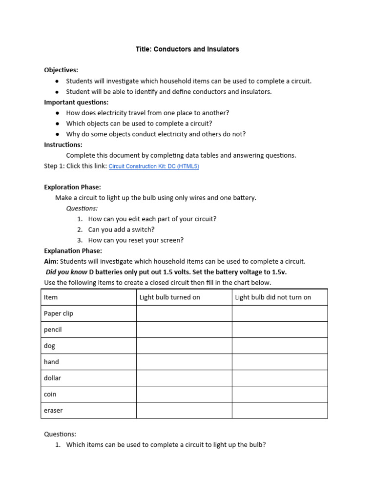 Conductors vs Insulators: Circuit Exploration | PDF | Voltage ...