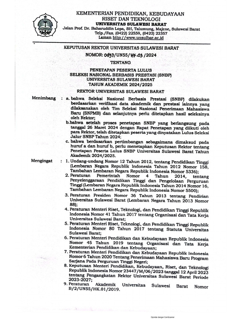 Penetapan Peserta Lulus SNBP 2024 | PDF