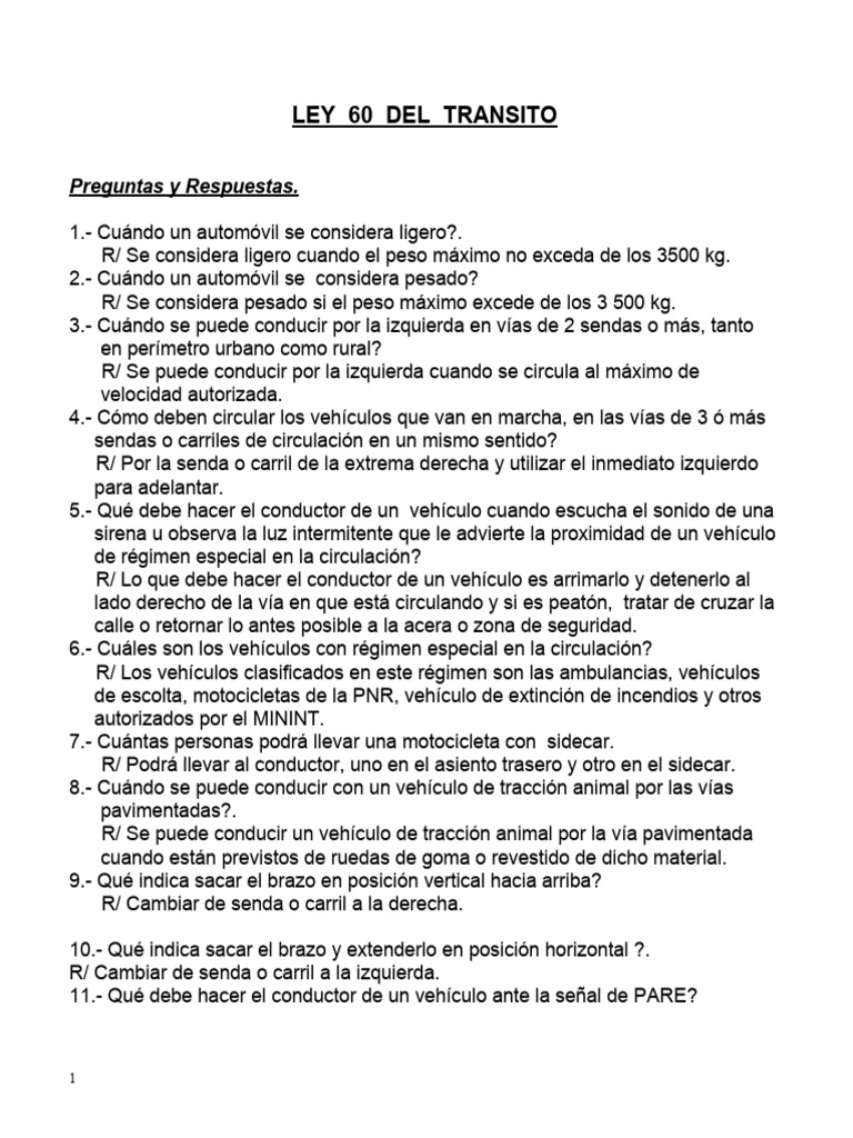 Preguntas y Respuestas LEY 60 DEL TRANSITO | PDF | Tráfico | Semáforo