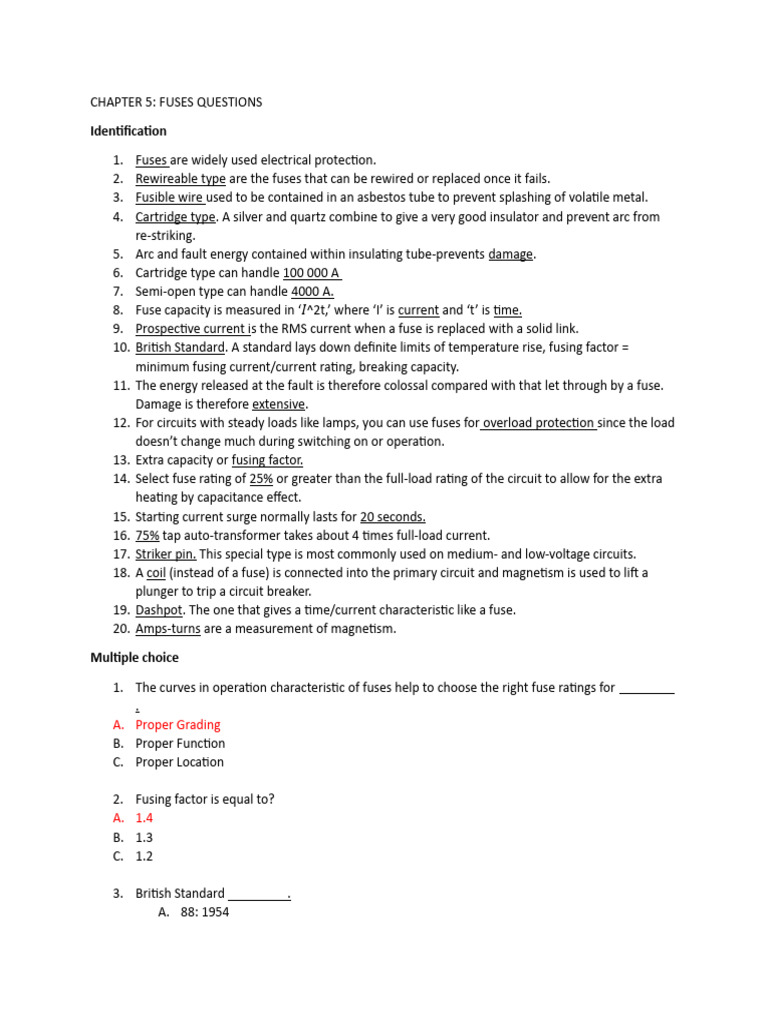 Fuses Questions | PDF | Fuse (Electrical) | Transformer