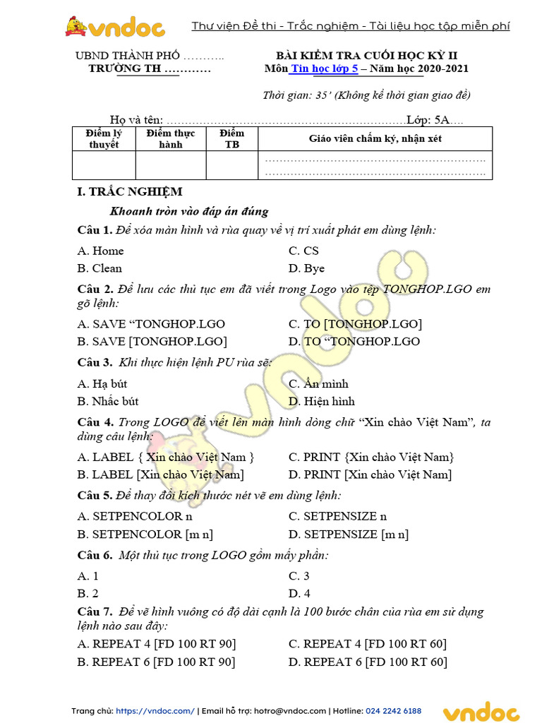 De Thi Hoc Ki 2 Lop 5 Mon Tin Hoc Nam 2020 2021 | PDF