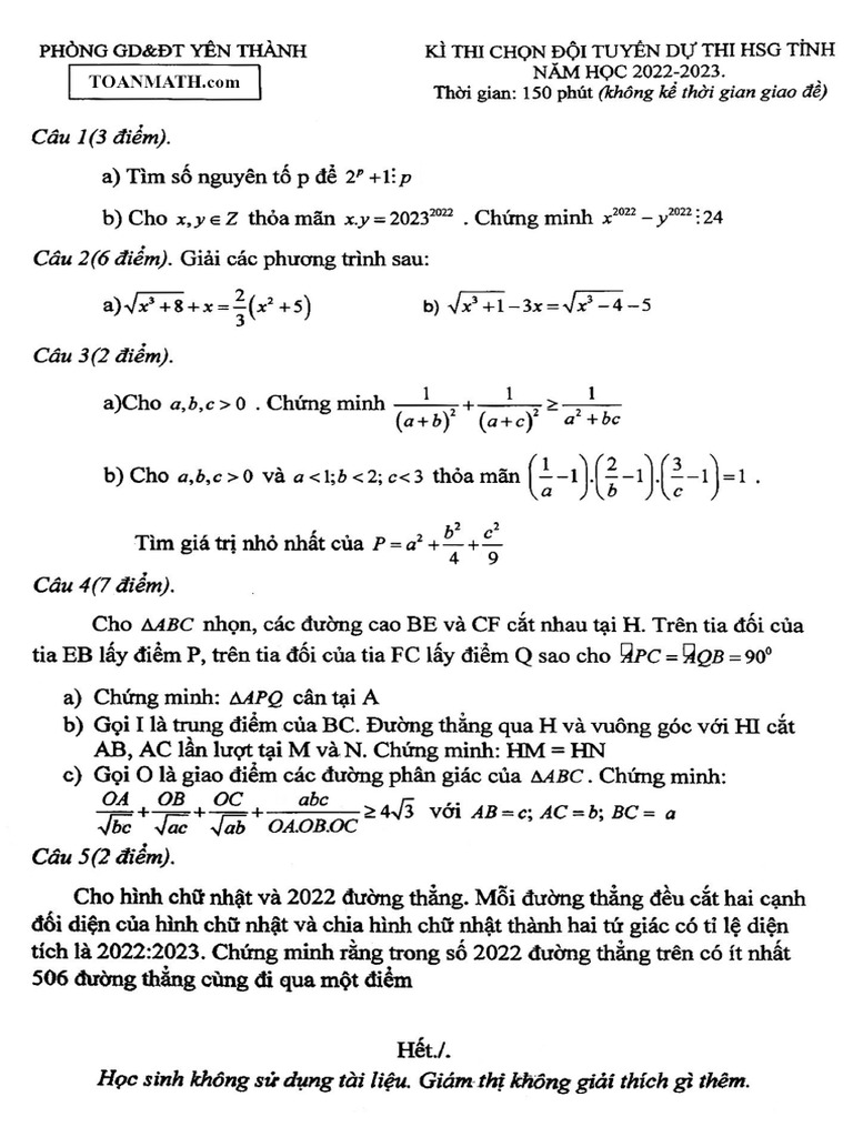 De Chon Doi Tuyen Thi HSG Tinh Toan 9 Nam 2022 2023 Phong GDDT Yen Thanh Nghe An | PDF