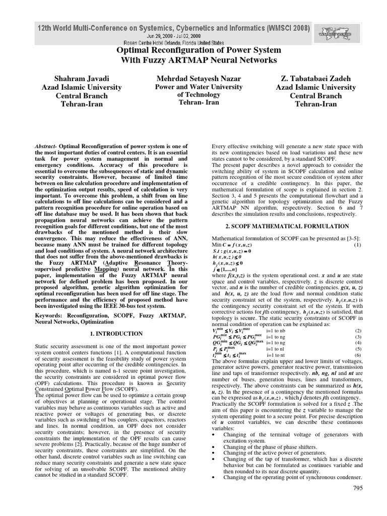 C-2008-Optimal Reconfiguration of Power System With Fuzzy ARTMAP Neural Networks | PDF ...