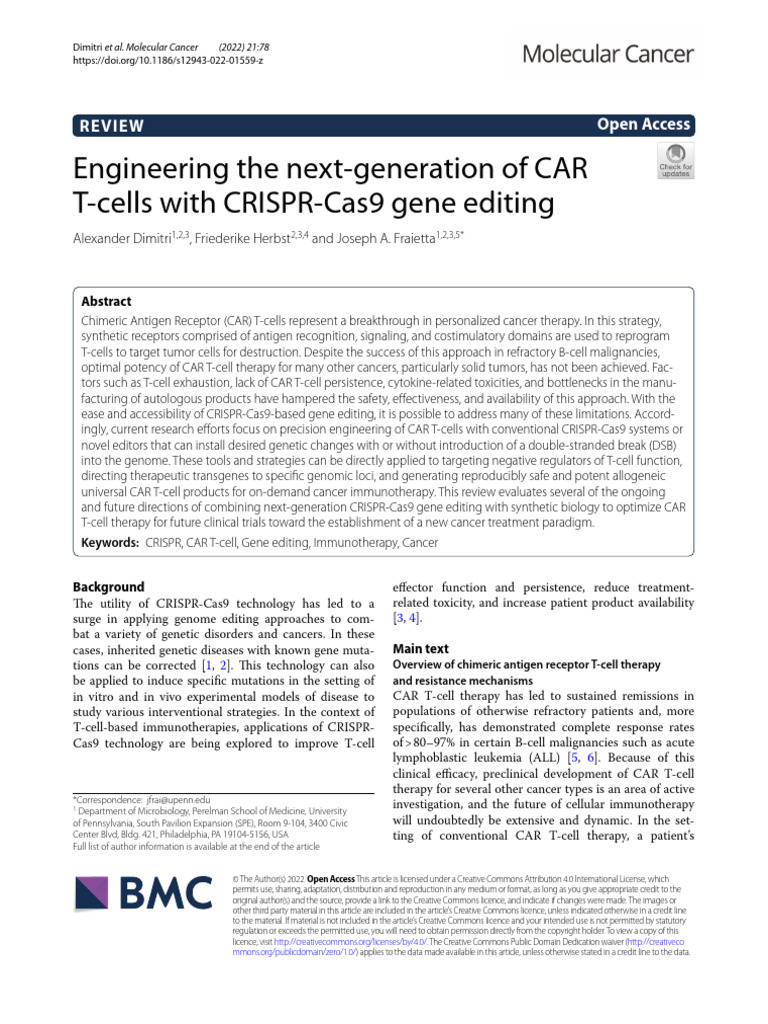 Engineering The Next-Generation of CAR T-Cells With CRISPR-Cas9 Gene Editing | PDF | T Cell ...