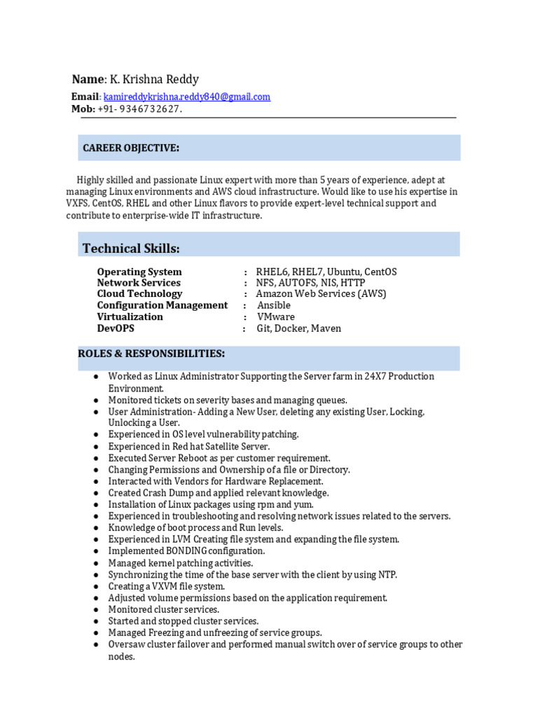 Krishna Reddy - Linux - Resume | PDF | Linux | Operating System Technology