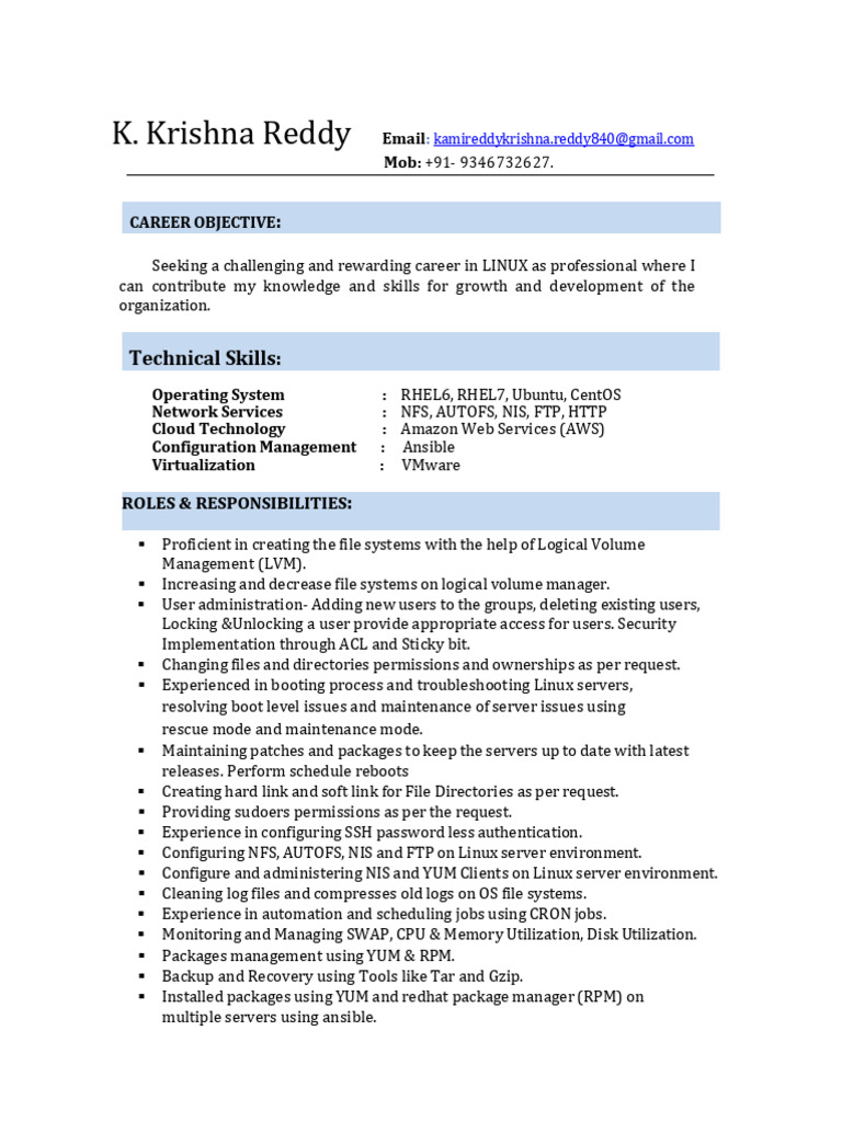 Krishna Reddy Linux Resume | Download Free PDF | File System | File Transfer Protocol