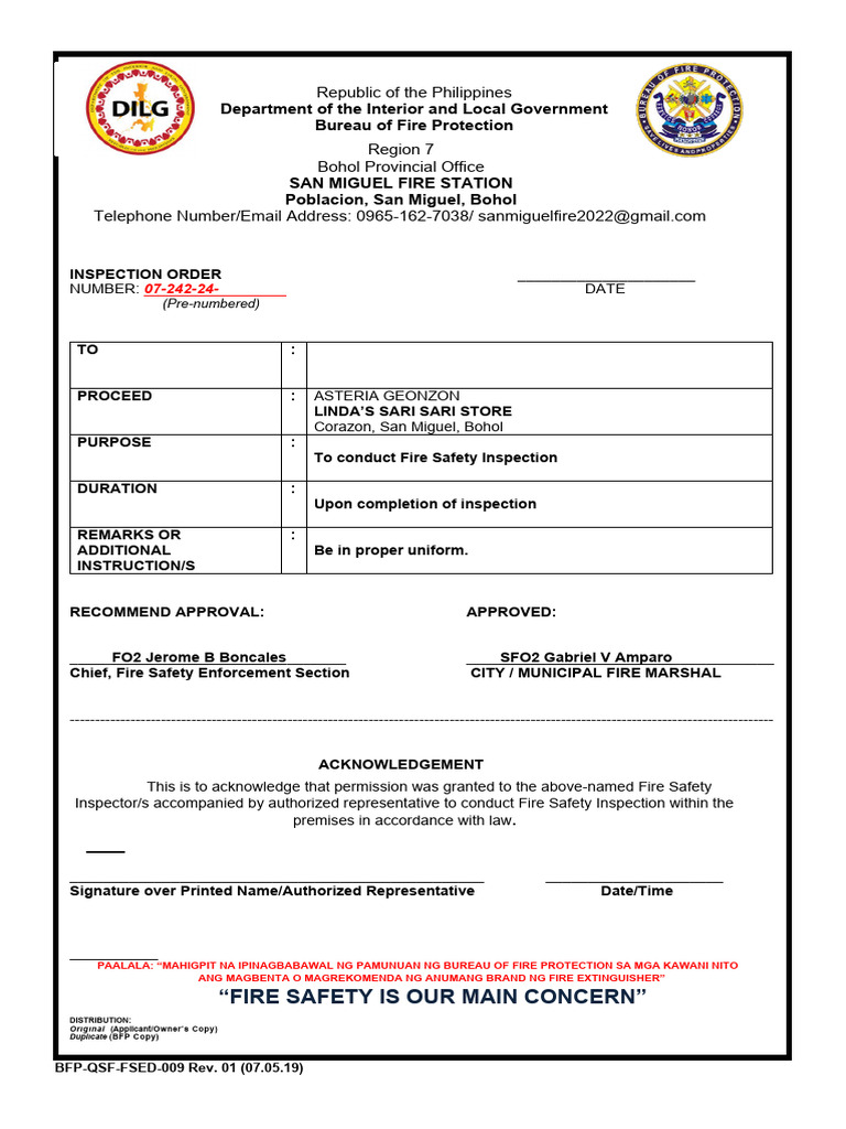 FSED 9F Inspection Order IO Rev01 | PDF | Fire Safety | Fires