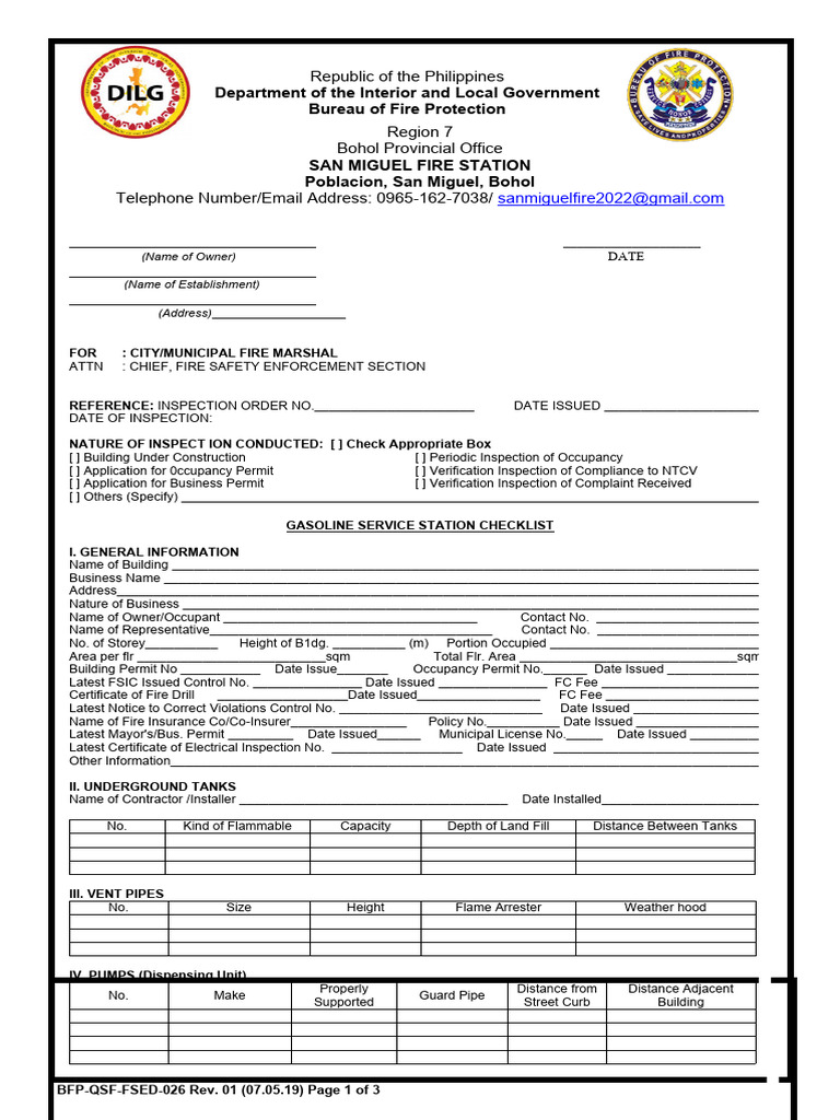 FSED 26F Gasoline Service Station Checklist Rev01 | PDF | Fire Safety ...