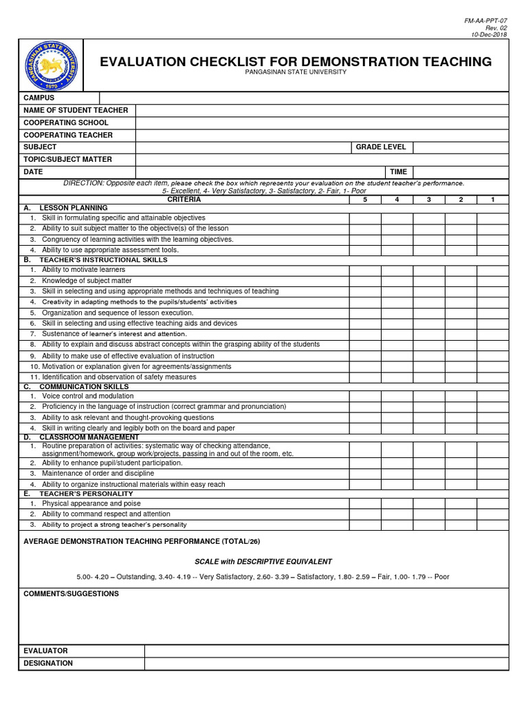 07-Evaluation-Checklist-for-Demonstration-Teaching-rev.02 | PDF | Teachers | Learning