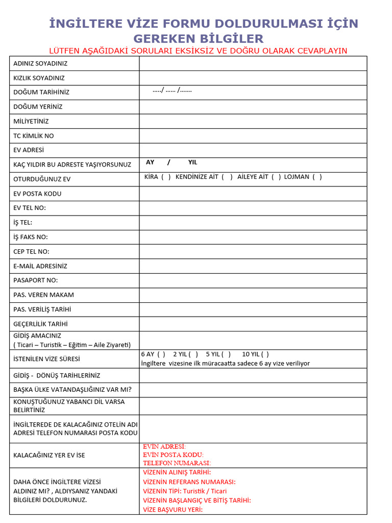 İngiltere Bilgi Formu-Yeni | PDF