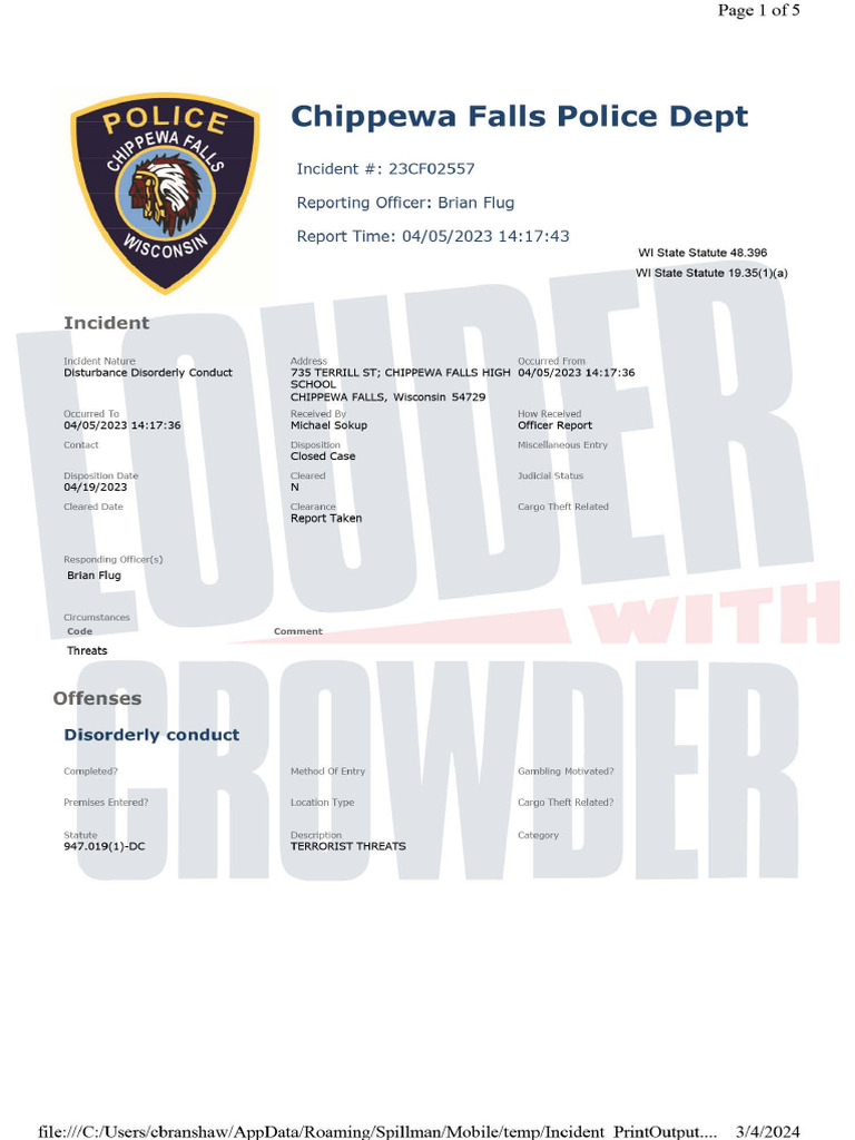 04/05/23 Chippewa Police Report - Redacted & Watermarked | PDF