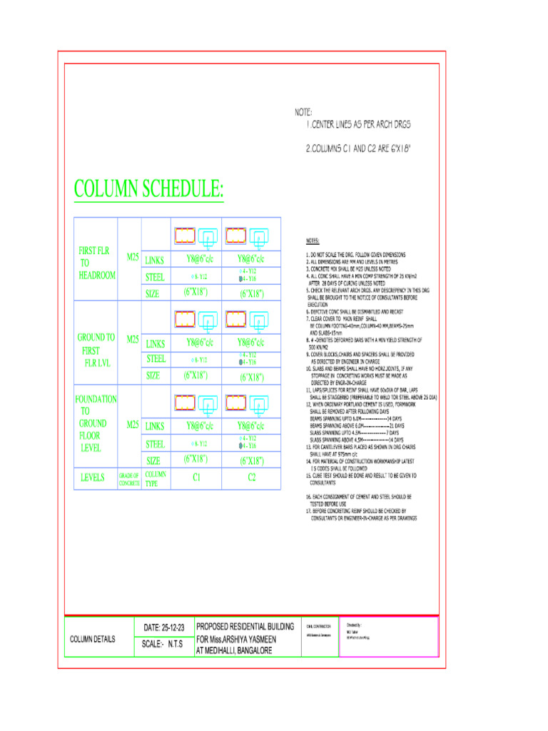 Column Schedule:: 1.center Lines As Per Arch Drgs 2.columns C1 and C2 ...