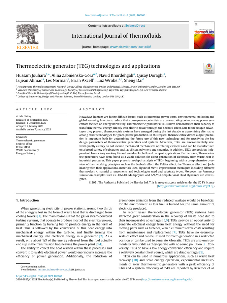 Thermoelectric Generator Teg Technologies And Applications Pdf