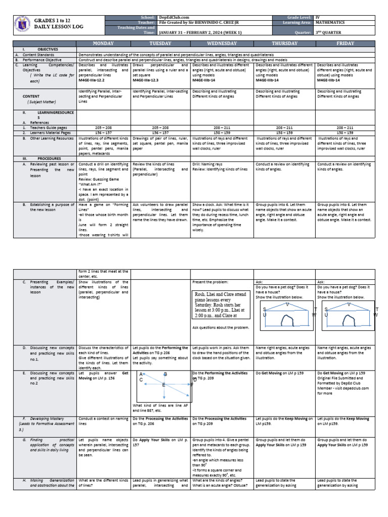 DLL - Mathematics 4 - Q3 - W1 | PDF | Perpendicular | Angle