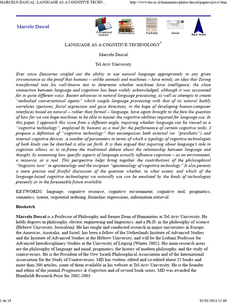 DASCAL - Language As A Cognitive Technology | PDF | Thought | Cognition