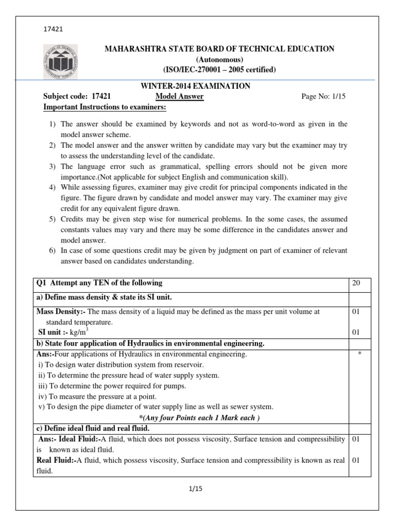 4th Sem Hydraulics Civil Answer Paper Winter 2014 | PDF | Fluid ...