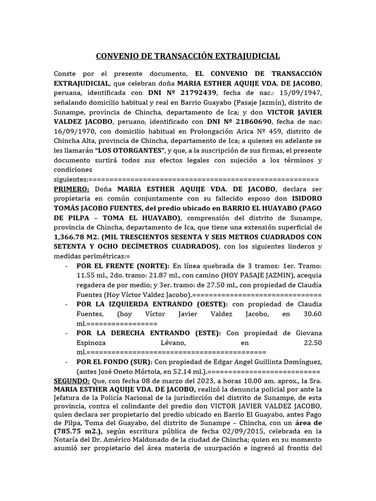 Convenio de Transaccion Extrajudicial Por Renuncia de Area | PDF | Justicia penal | Crimen y ...