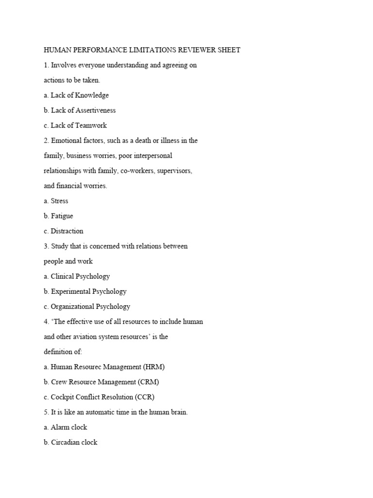 HUMAN PERFORMANCE LIMITATIONS REVIEWER SHEET | PDF | Psychology | Human Factors And Ergonomics