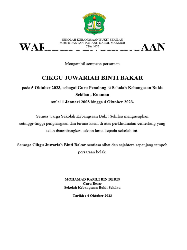 Warkah Penghargaan Pn. Juwariah | PDF