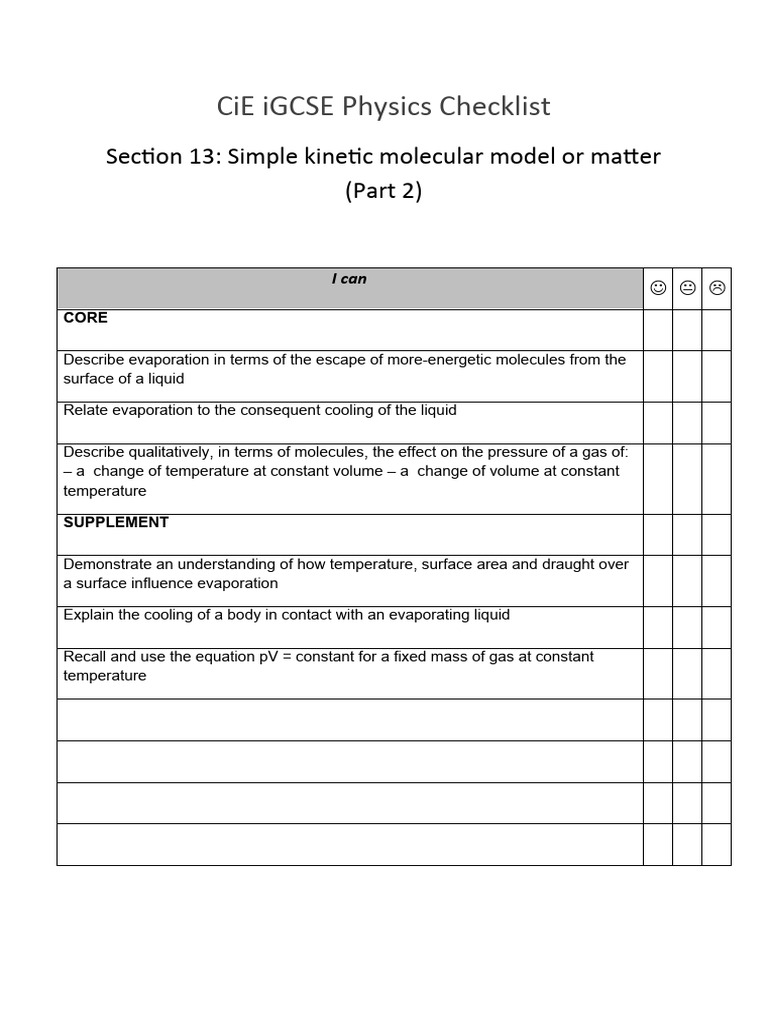 iGCSE Physics: Kinetic Molecular Model Checklist | PDF | Technology ...