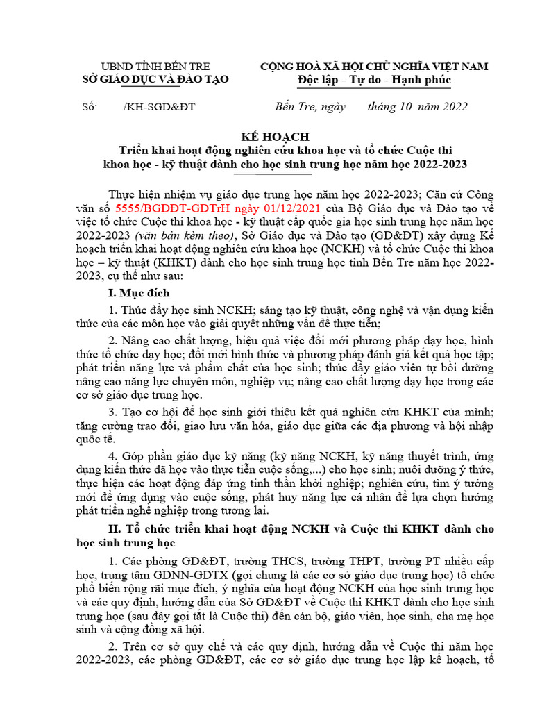 13-10- KH triển khai hoạt động NCKH Cuộc thi KHKT nam 2022 | PDF