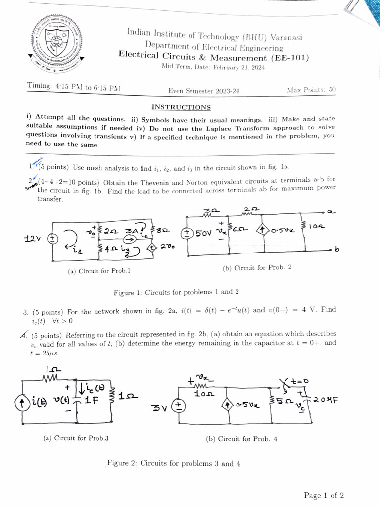 EE-101 Mid sem qp | PDF | Electrical Network | Capacitor