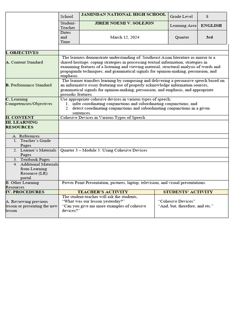 Cohesive Devices in Speech Lesson Plan | PDF | Linguistics | Syntax