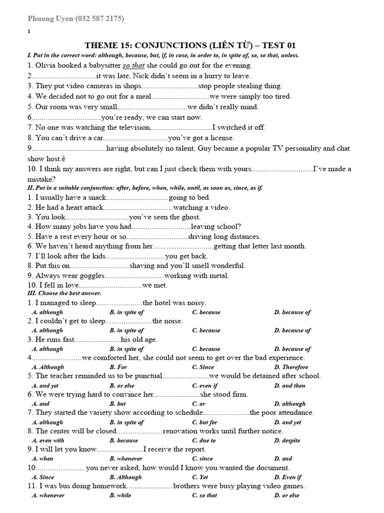 Conjunctions Test for English Learners | PDF