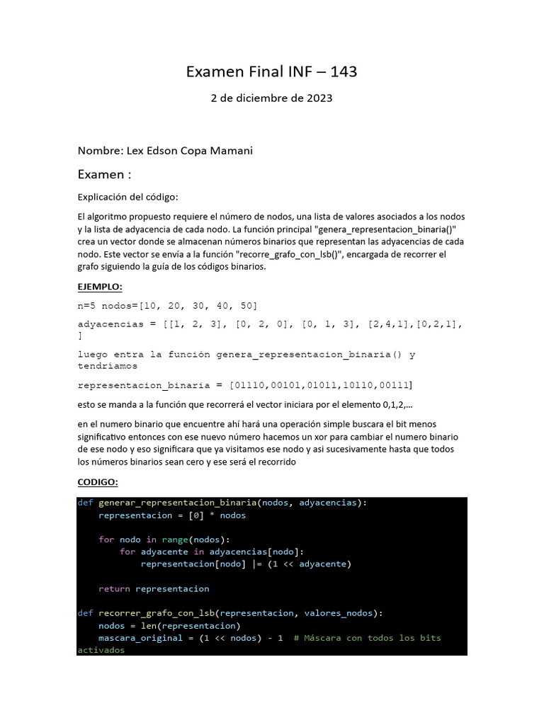 Examen Final INF_143 | PDF | Matemáticas Aplicadas | Algoritmos