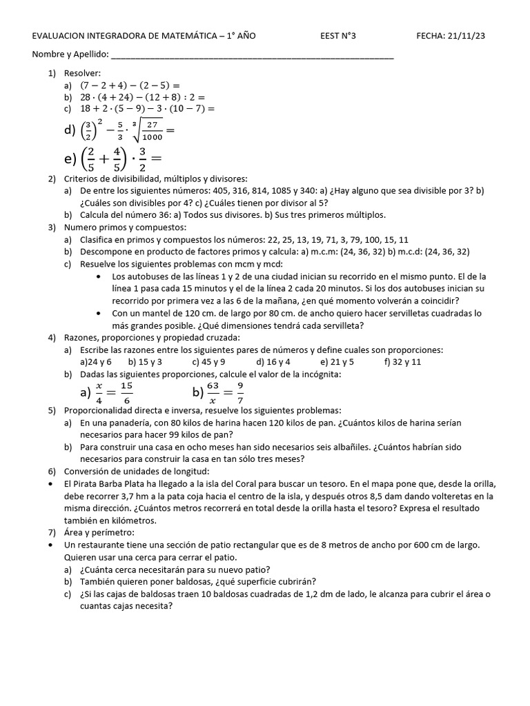 Evaluacion Integradora de Matemática | PDF | Matemática Elemental | Matemáticas