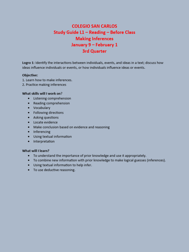 Study Guide L1 - Reading - Before Class - Making Inferences (January 9 ...