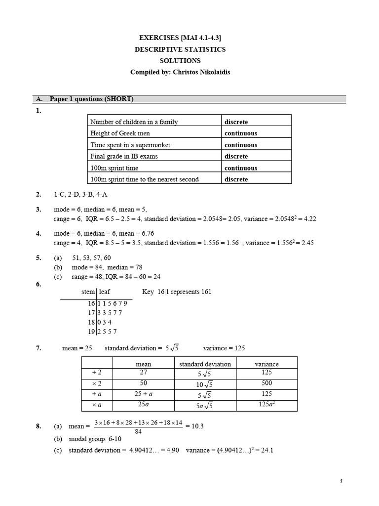 (MAI 4.1-4.3) DESCRIPTIVE STATISTICS - Solutions | PDF | Mathematical Analysis | Statistics