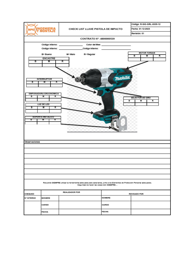 R-Sig-Grl-0539-12 Check List Llave Impacto | PDF