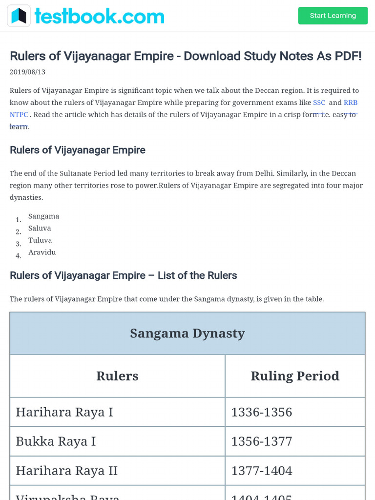 Rulers of Vijayanagar Empire | PDF
